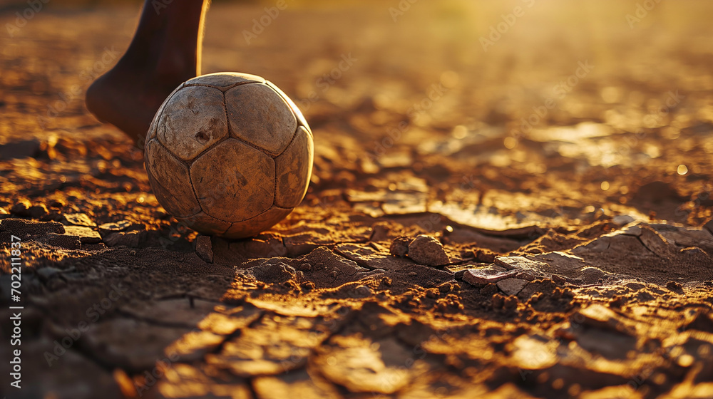 Soccer Ball On Soil Drought Cracked Football Field With Barefoot Player ...