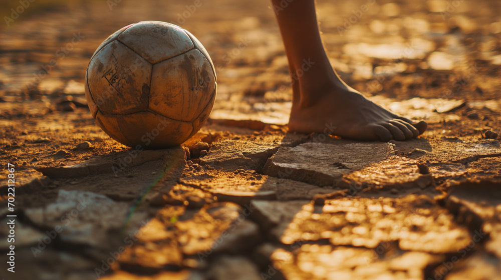 Soccer Ball On Soil Drought Cracked Football Field With Barefoot Player ...
