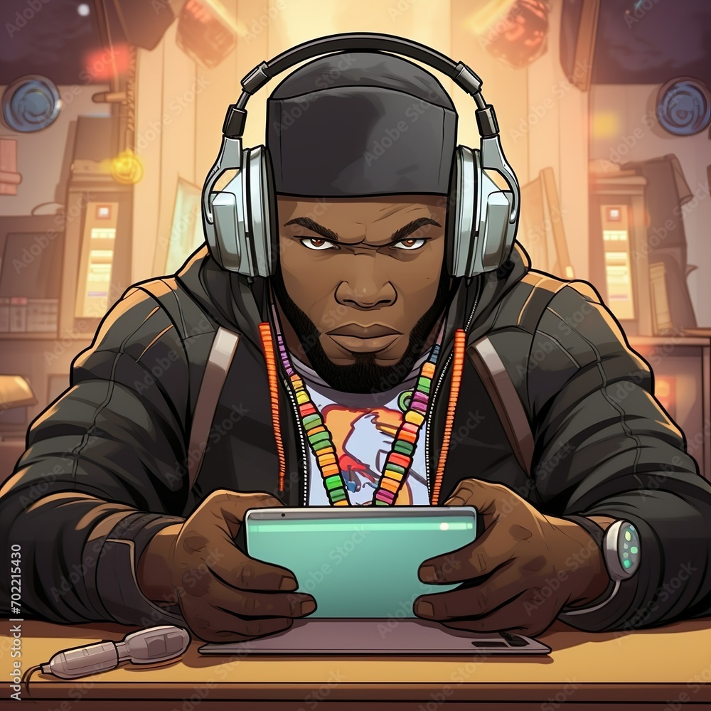 black cool guy gamer holding game controller in cartoon style with ...