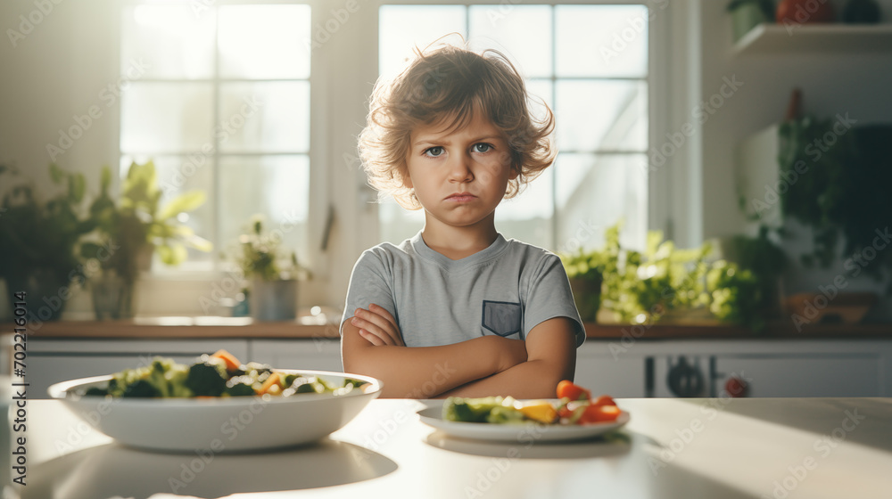 Little boy refuses to eat vegetables Little boy who is dissatisfied ...