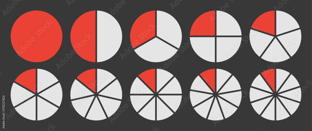 Circle divided into 1-10 parts icon set. Full circle segment diagram in ...