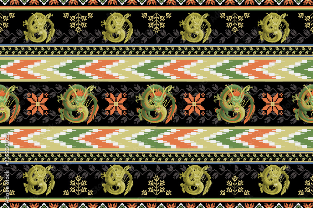 Gold Dragon on Traditional Thai Silk Pixel Art Seamless Pattern. Vector ...