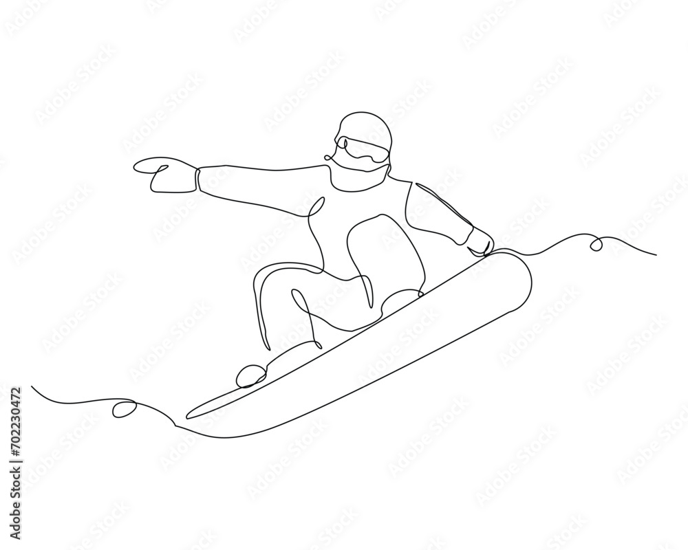 Continuous single line sketch drawing of man snowboarder ride speed at ...