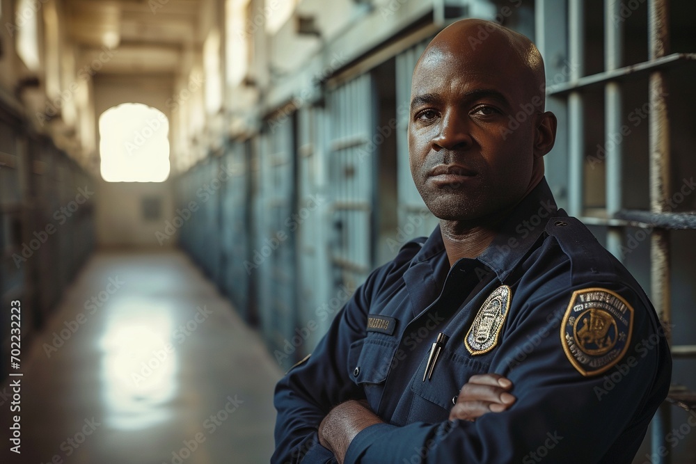 A focused black male prison guard overseeing order and safety within ...