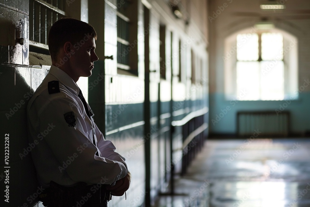 A focused male prison guard in uniform overseeing order and safety ...