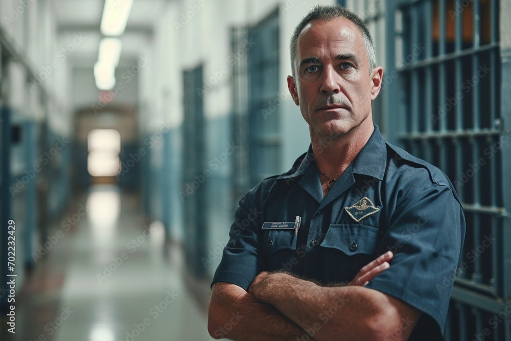 A focused male prison guard in uniform overseeing order and safety ...