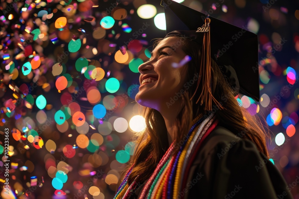 A radiant woman stands proud in her graduation attire, the light of ...