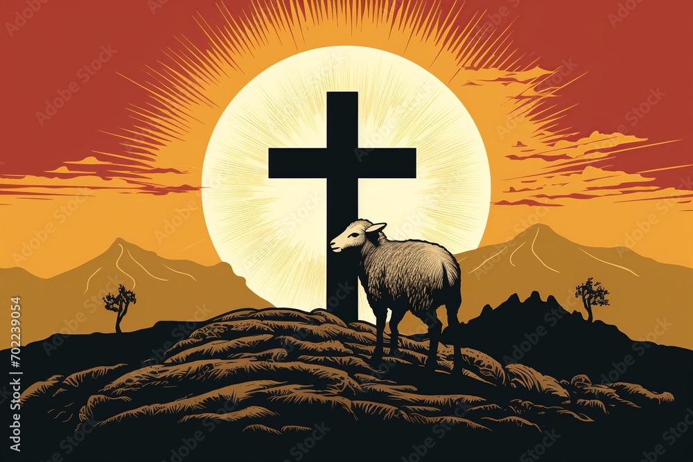 A tranquil hilltop scene with the Lamb of God beside a caring shepherd ...