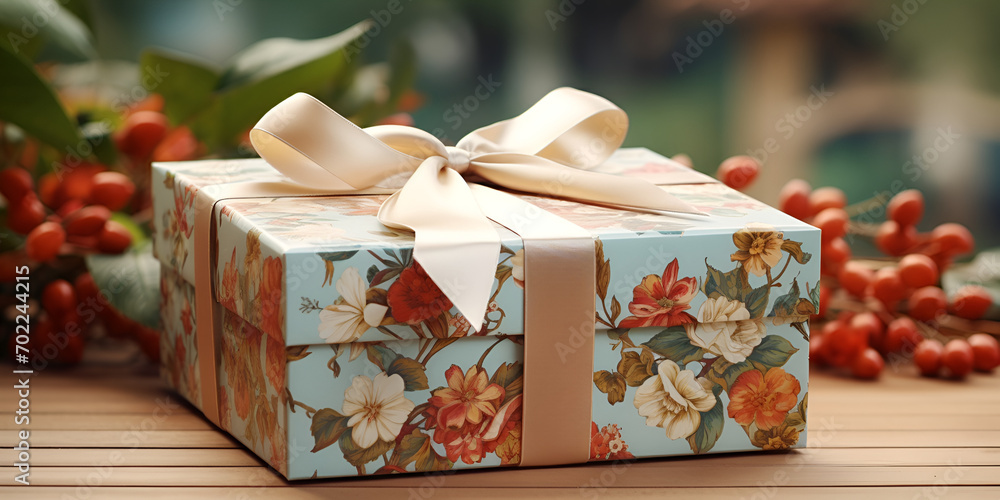 "surprise gift box, A gift wrapped in a floral paper with a ribbon on ...