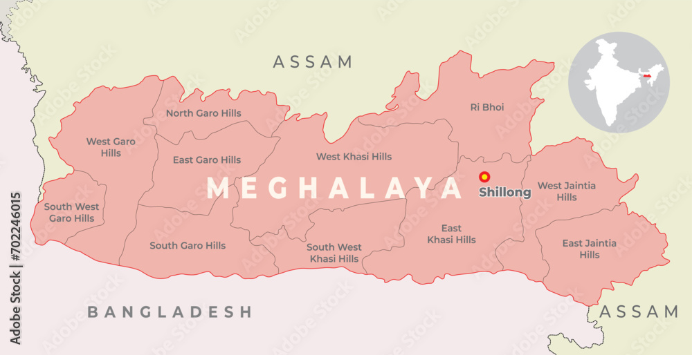 Meghalaya district map with neighbour state and country Stock Vector ...