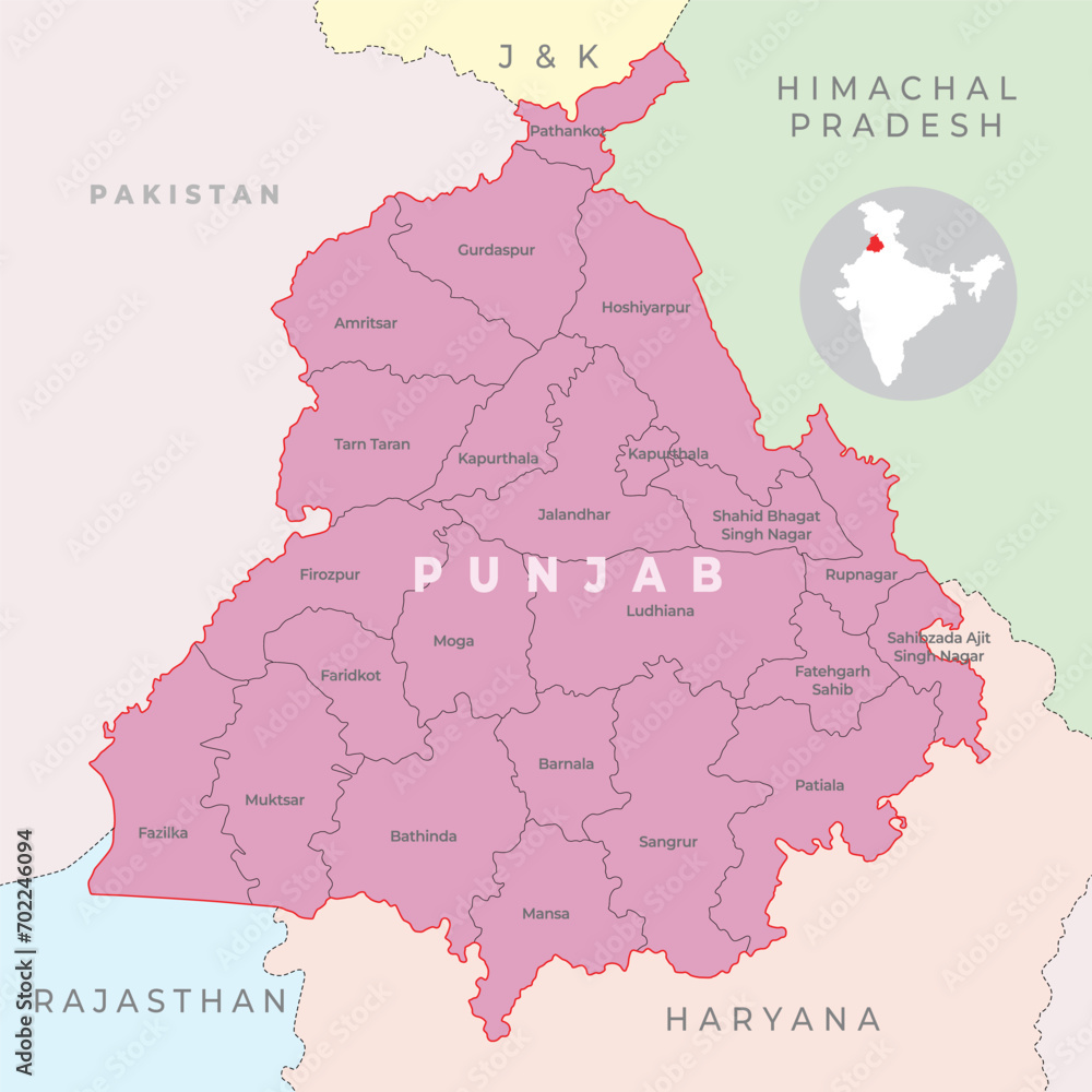 Punjab district map with neighbour state and country Stock Vector ...