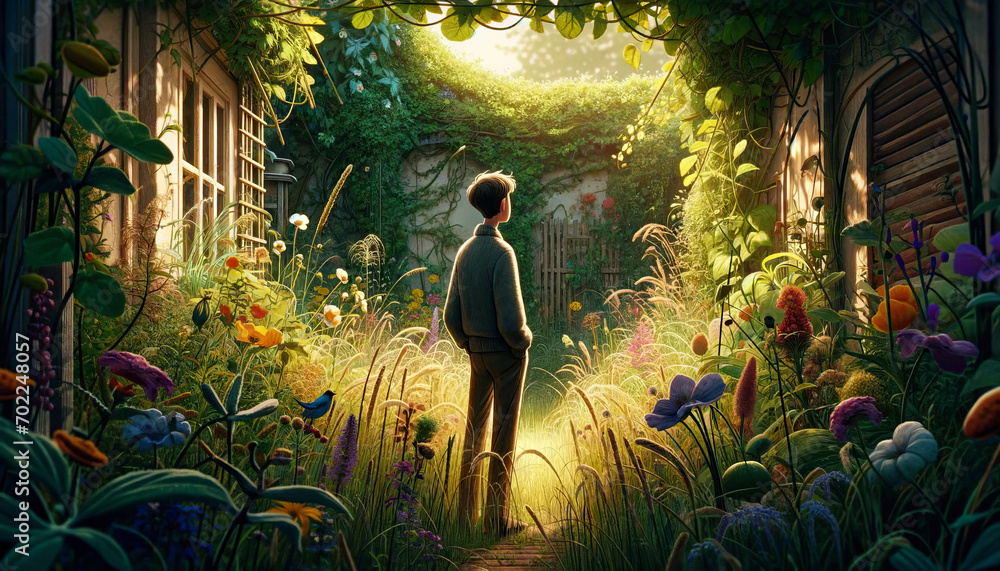 A whimsical, animated art style depiction of a person standing in a ...