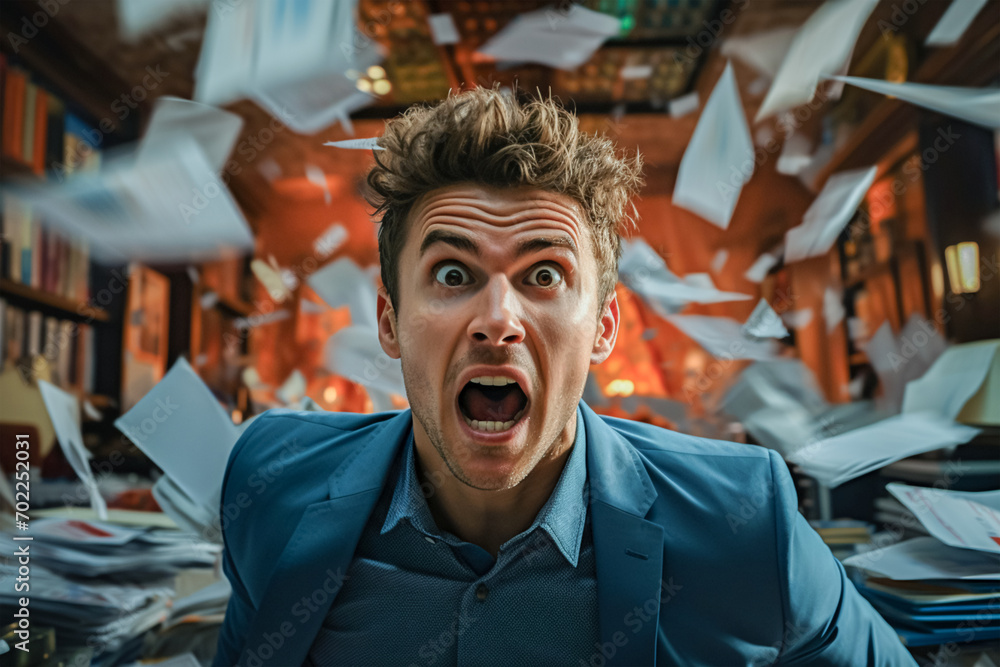 An angry and tired man with an angry face against the background of ...