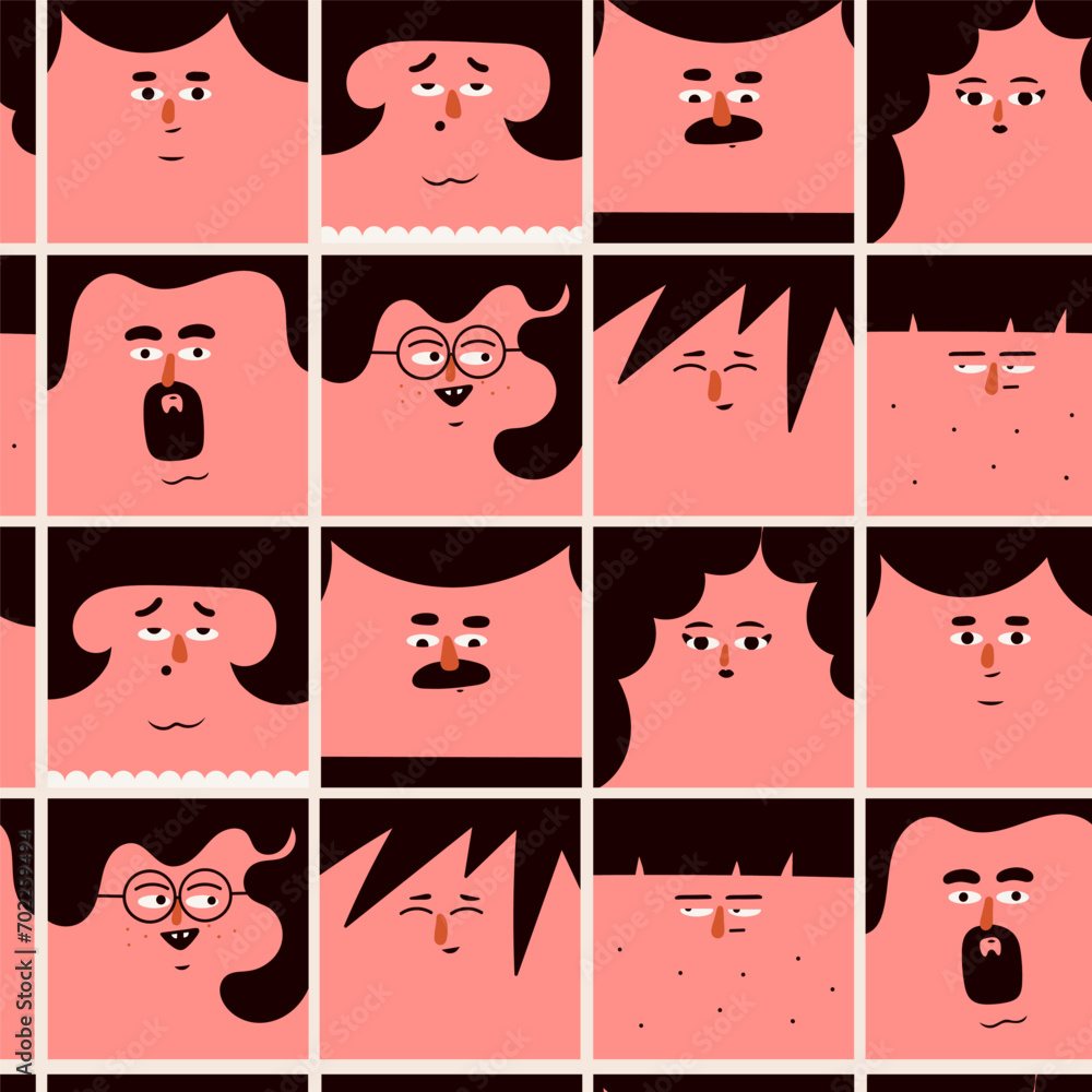 Square human portraits. Various faces, hairstyle, emotions. Cute funny ...