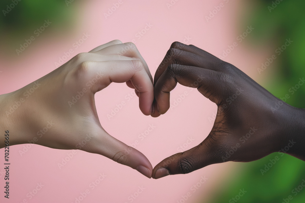 Two hands of different skin tones forming a heart together with a pink ...