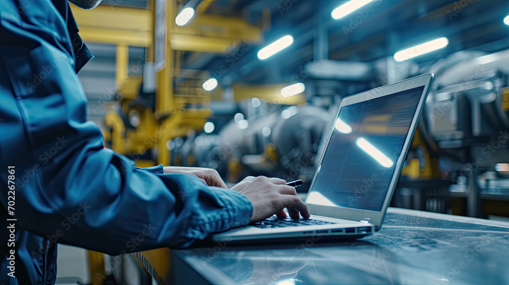 Professional worker of modern factory using laptop controlling program to automatic machinery ...