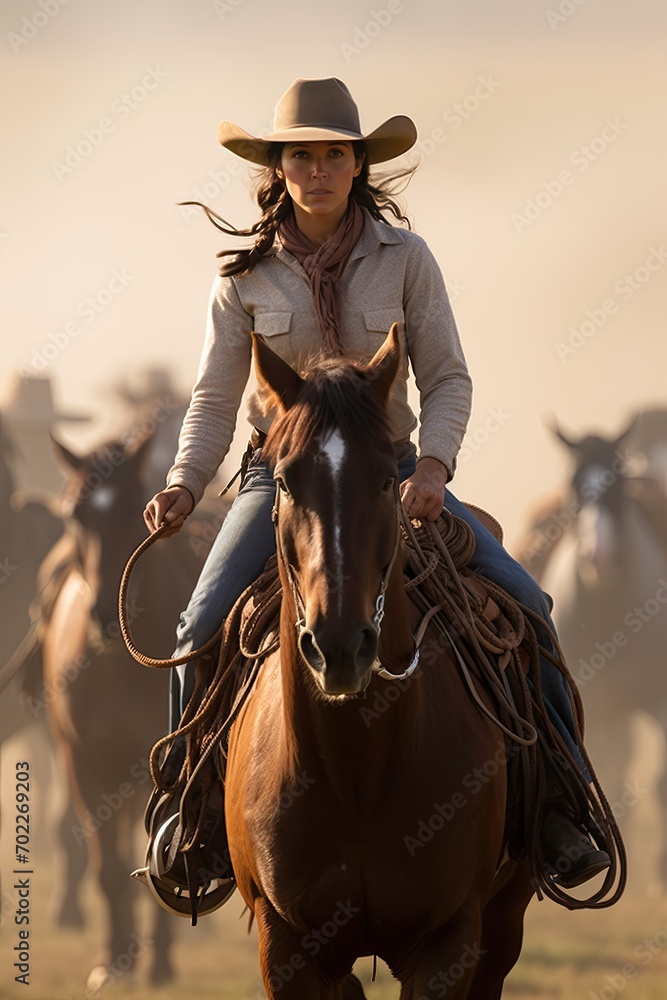 Cattle drivers. A young serious woman in a cowboy hat while driving a ...