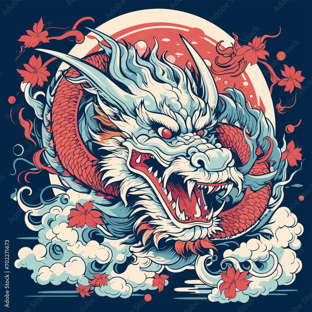 chinese dragon statue, colorful and dynamic illustration featuring a ...