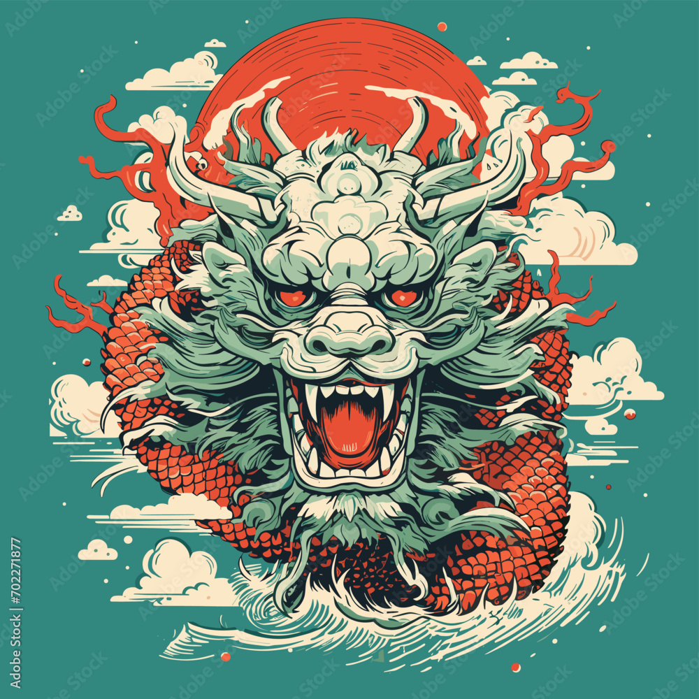 chinese dragon statue, colorful and dynamic illustration featuring a ...