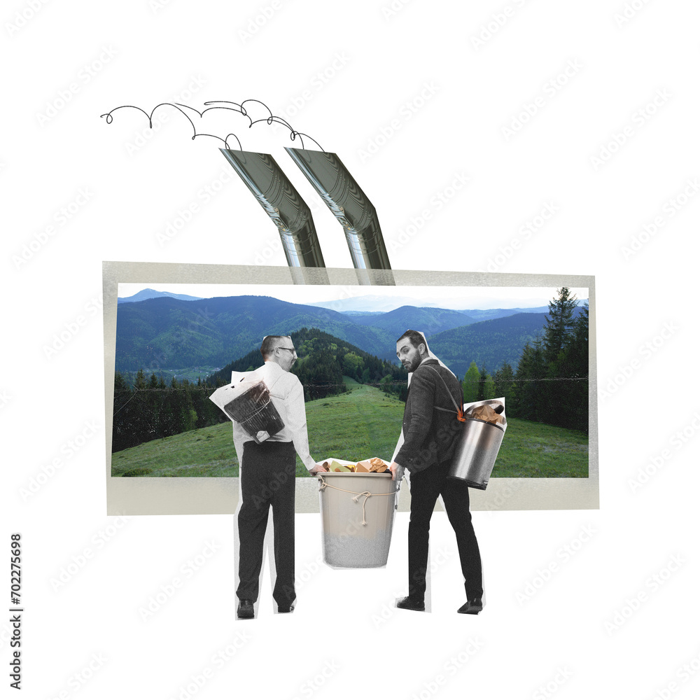 Two men carrying garbage bin away garbage over mountain and forest ...