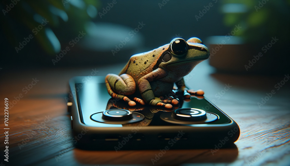 A frog on a tech device, creating a contrast between nature and ...