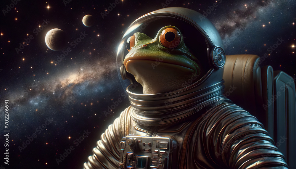 A humorous depiction of a frog in a space suit, floating in space ...