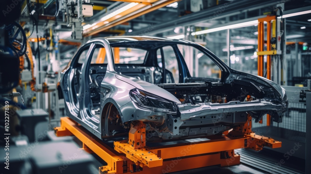 Robotic arm welding the car in a futuristic assembly automotive ...
