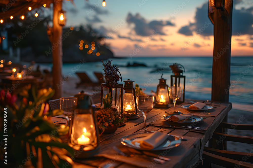 Honeymoon Bliss: An intimate dinner setup by the sea, where candlelight ...