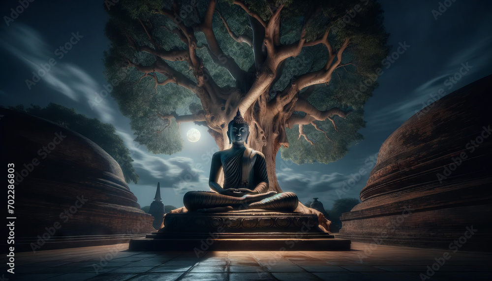 The Buddha meditating peacefully under the ancient Bodhi tree at night ...