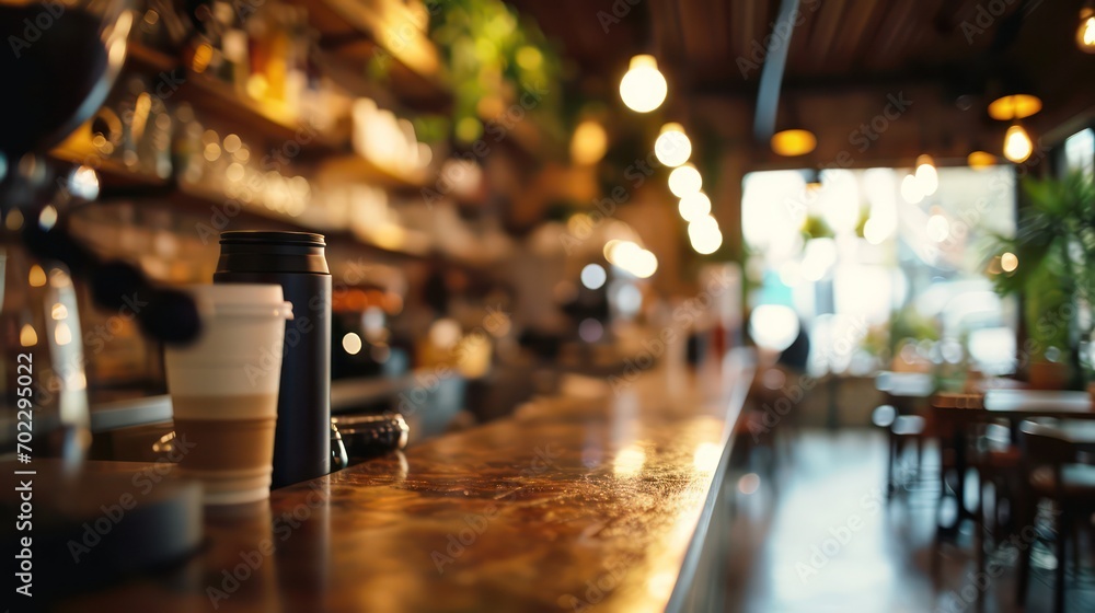 Modern coffee shop backdrop with a blurred effect, featuring some ...