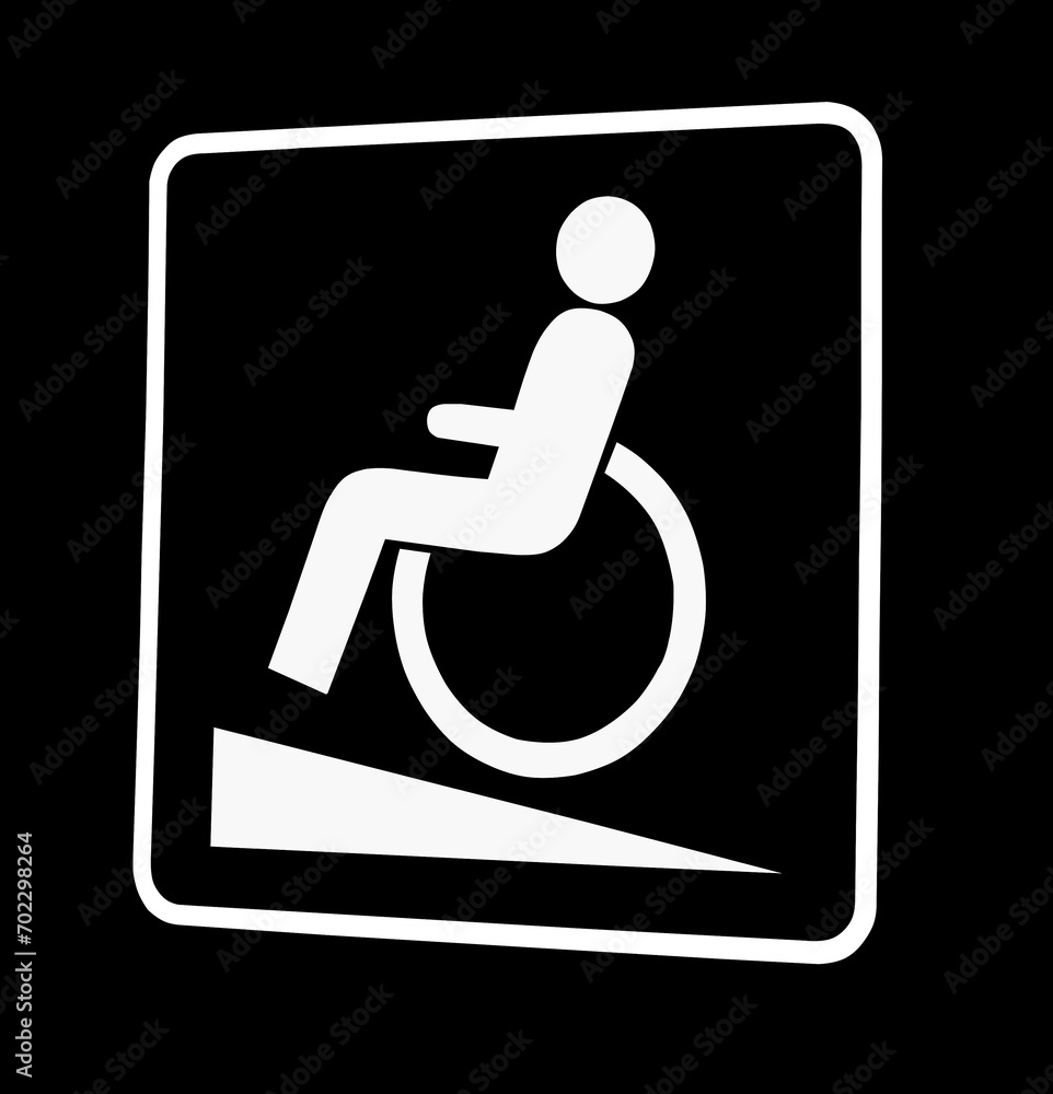 Symbol of person in wheelchair on square. Angle view. Cutout silhouette ...