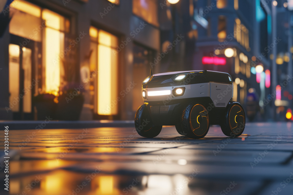 Modern automated food delivery robot riding on city street. Autonomous ...