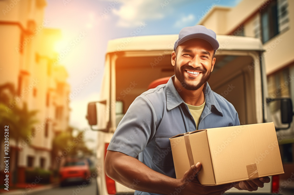 Delivery man holding a package standing next to a delivery truck ...