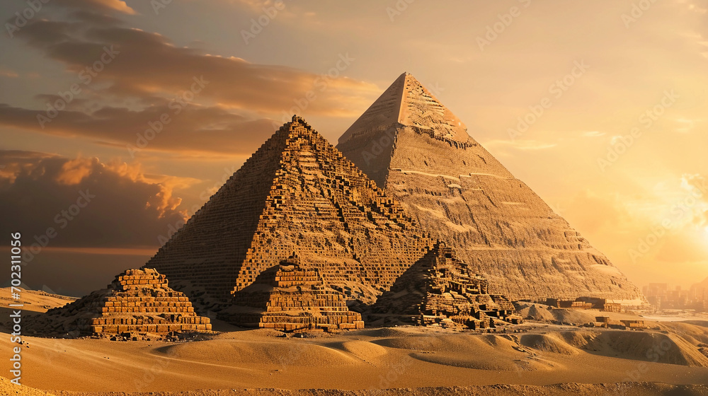 Great Pyramid of Giza, shot at sunset, golden hues casting dramatic ...
