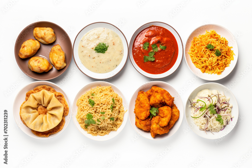 Set of Indian foods, top view, isolated on white background. momos ...