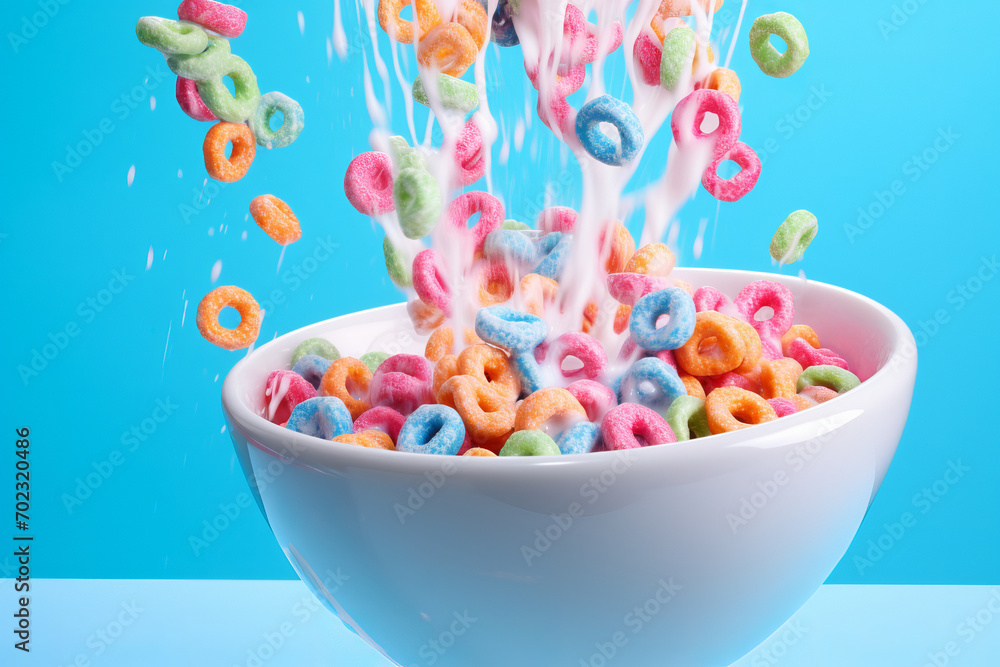 Fruit Loops Cascading into Milk Colorful fruit loops cereal falling ...