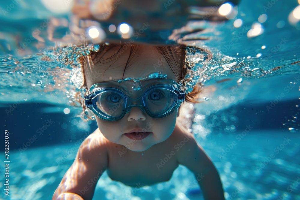 newborn baby in a swimming glasses swimming underwater at swimming pool ...