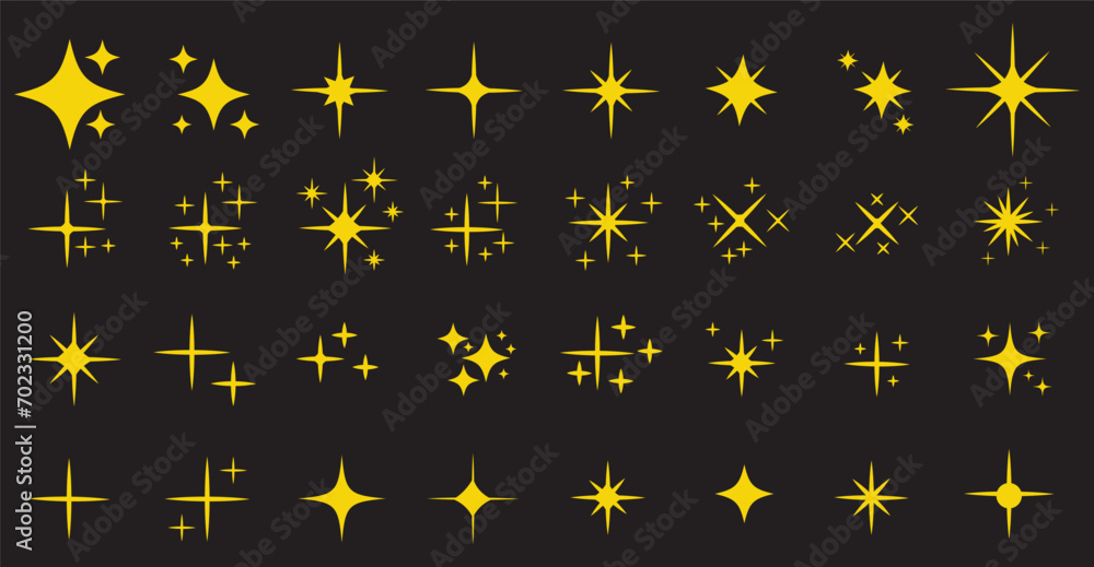 Flash sparkle flat star icon set. Twinkle star silhouette for gold sparkle, yellow glitter light ...