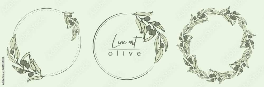 Botanical line illustration set of olive leaves, branch wreath for ...