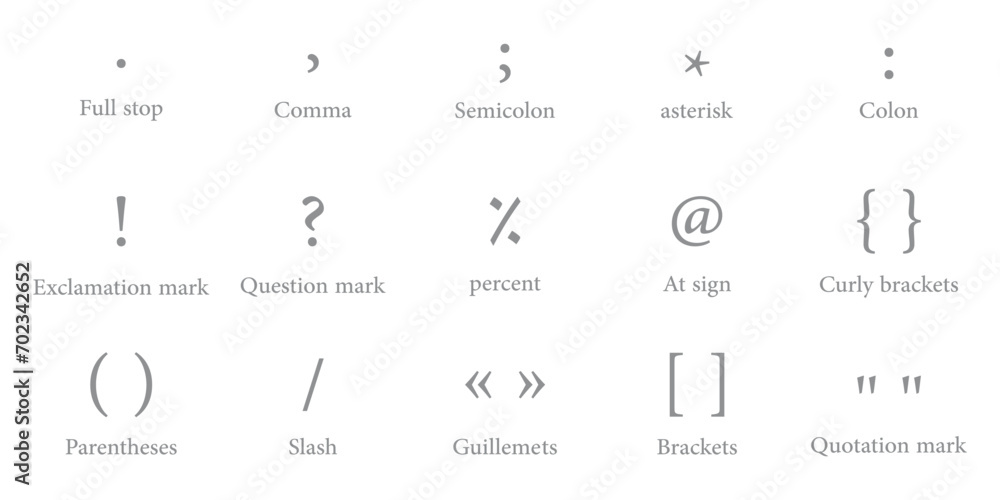 List of punctuation marks in english grammar. Full stop, comma, semicolon, asterisk, colon ...