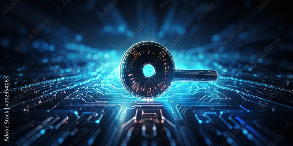 Blue security key logo with particle ring circle rotation with ai ...