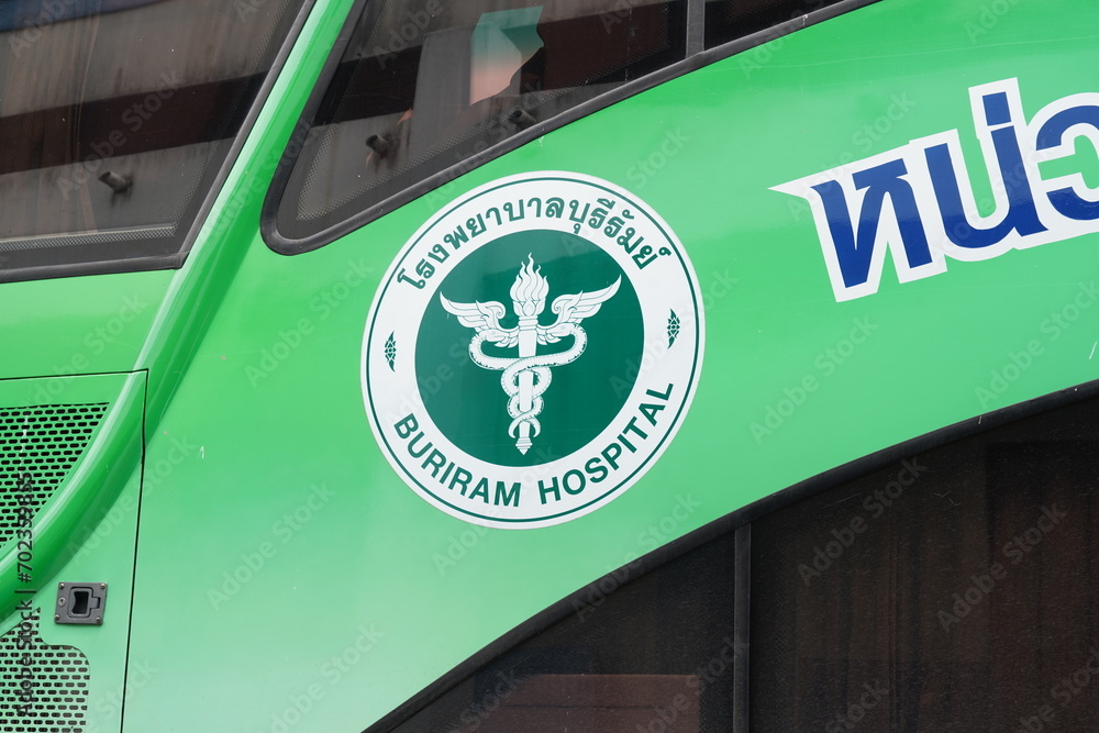 Buriram hospital logo on medical bus , 6 January 2024 , Burirum Thailand. Stock Photo | Adobe Stock