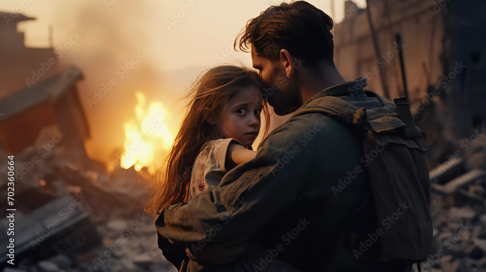 Soldier holds a child refugee little girl sad from being forced to flee ...