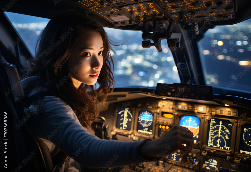 A Asian woman flying inside the cockpit of a aircraft night, a female ...