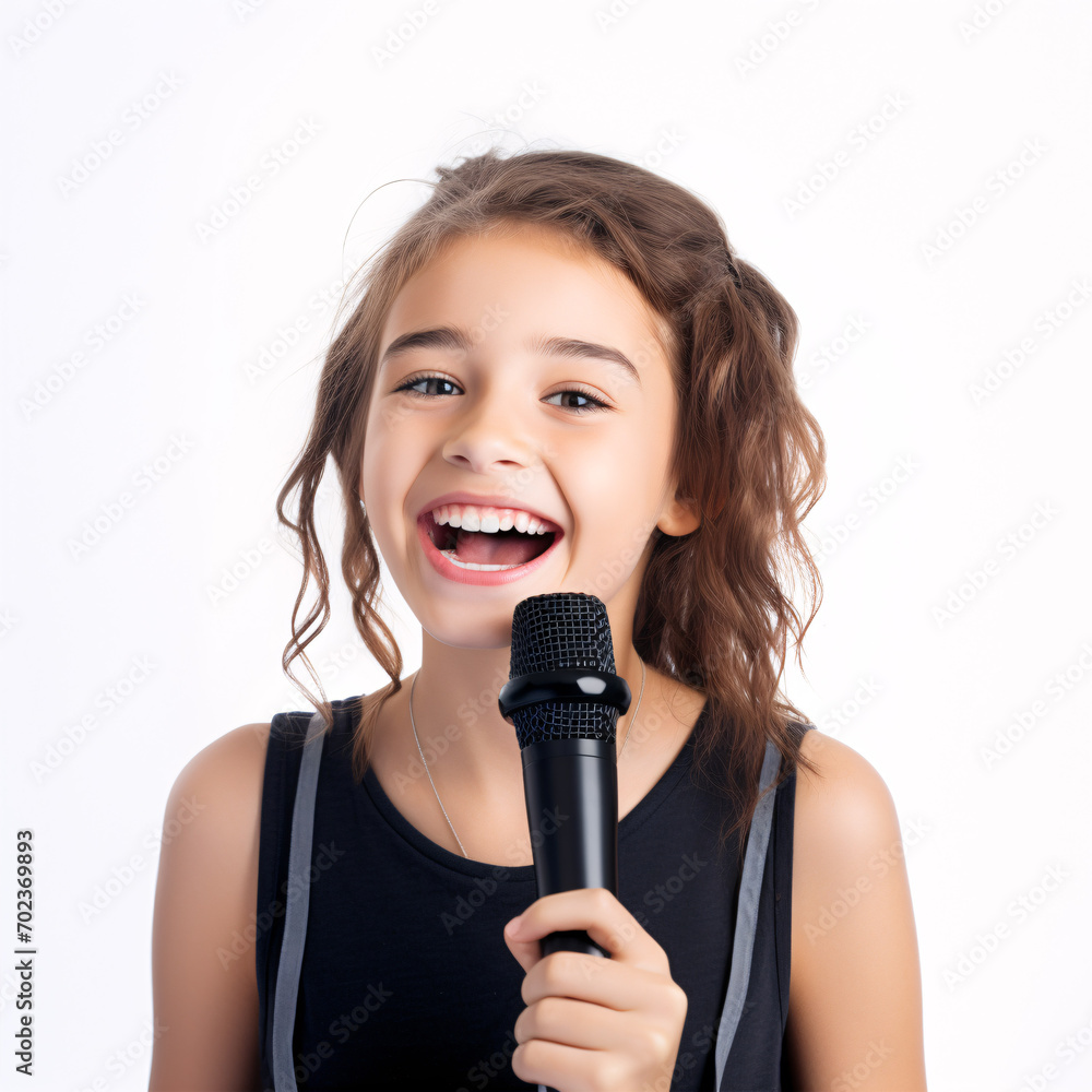 Adorable teen with mic crooning in the white backdrop with a comical ...