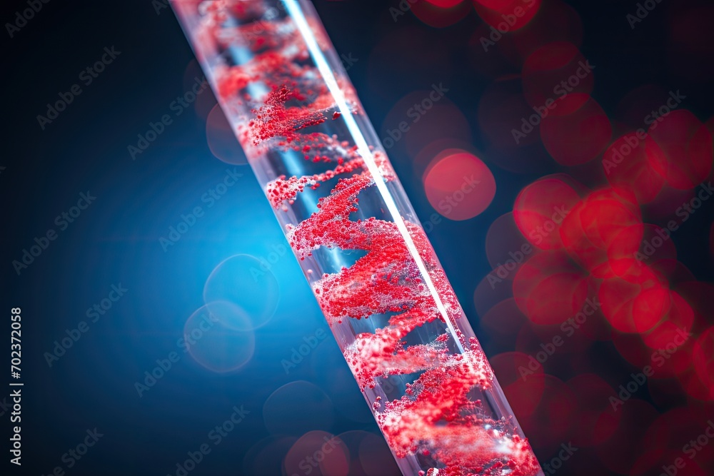 Test tube with blood sample in the research laboratory. Molecule of DNA ...