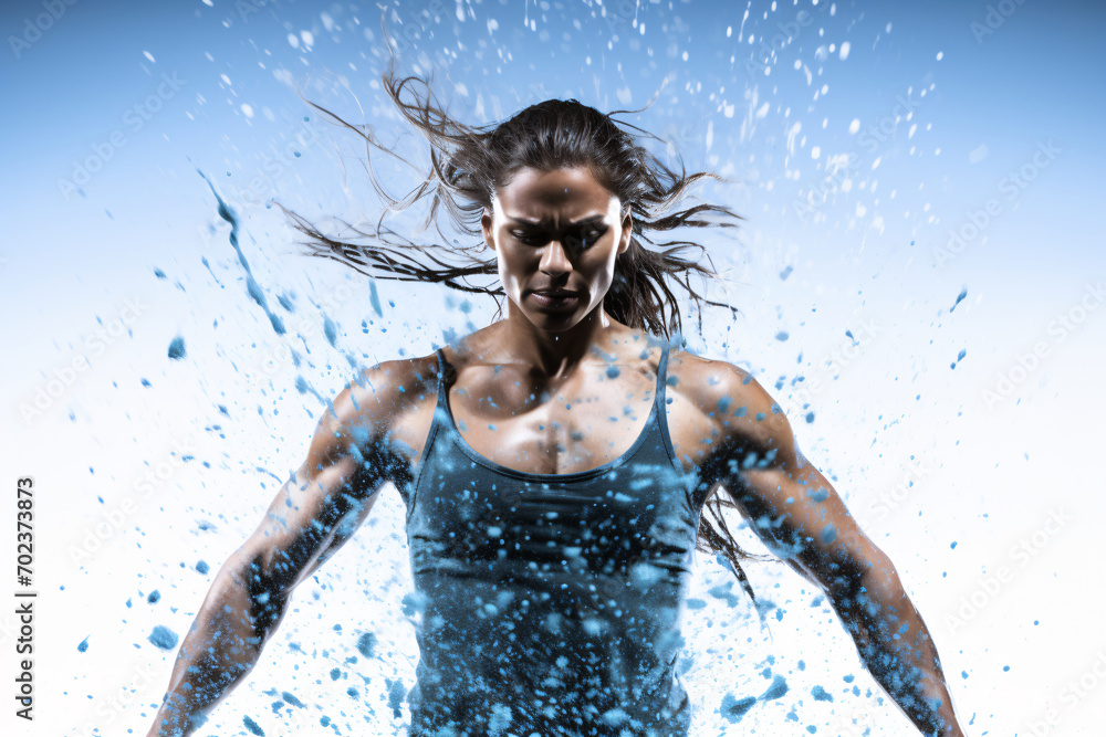 An Caucasian athletic gymnast woman full of body muscle open arms bow ...