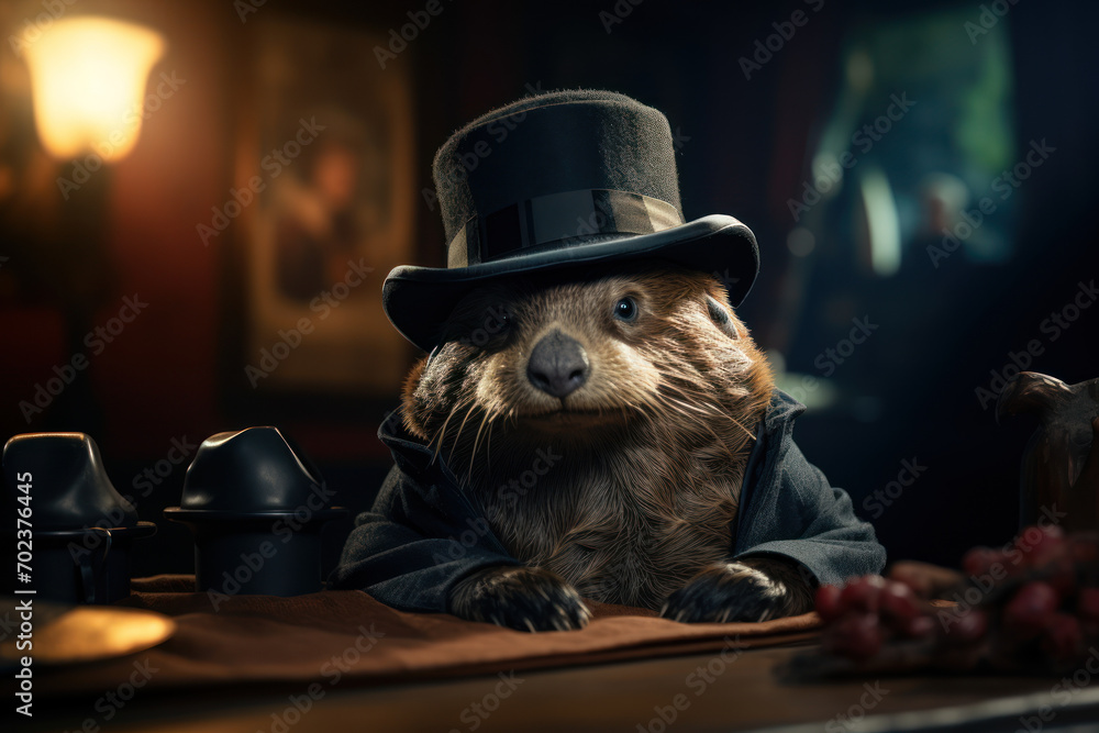 A platypus wearing detective attire and solving a mystery, portraying ...