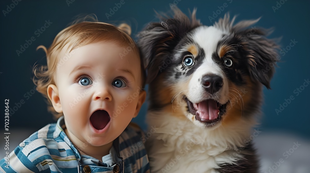 Shocked baby boy and dog expressing surprise with mouth open. Surprised ...