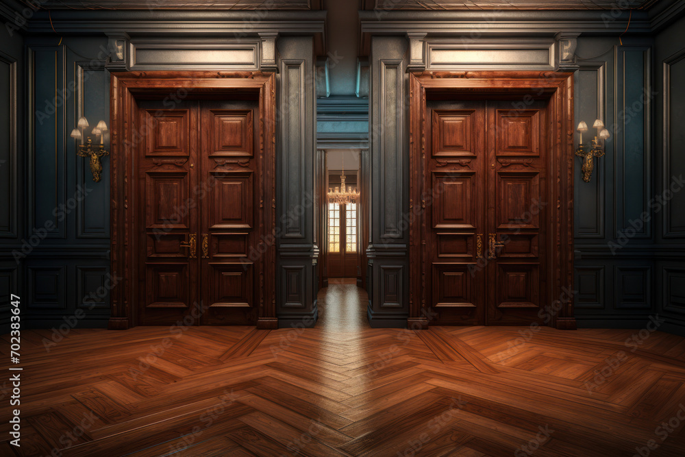 A surreal scene of a door leading to another door, forming a ...